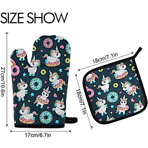 Oven Mitts Pot Holders Set, Donut Unicorn with Rainbow Tail Heat Resistant Waterproof Gloves with Soft Cotton Lining for Kitchen Cooking, Baking, Microwave, BBQ