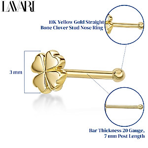 Lavari Jewelers 20 Gauge Straight Bone Four Leaf Clover Nose Stud for Women - 14k Yellow Gold Nose Ring - Unisex Stud Hypoallergenic Nostril Piercing Jewelry - 20G Body Piercing for Men