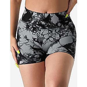 YEOREO Professional Tie Dye Seamless Biker Shorts for Women 3.6" Booty Scrunch Workout Shorts High Waisted Gym Yoga Shorts Black S