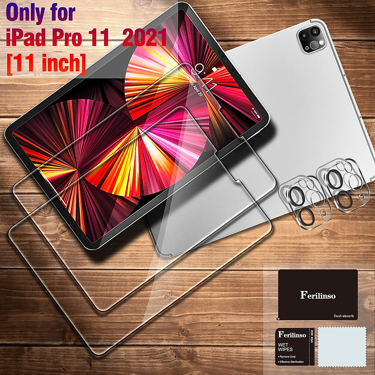 Ferilinso Designed for iPad Pro 11 Inch Screen Protector Accessories 2022 2021 2020 2nd 3rd 4th Generation 2 Pack Tempered Glass with 2 Pack Camera Lens Protector Suitable for Apple Pencil Face ID