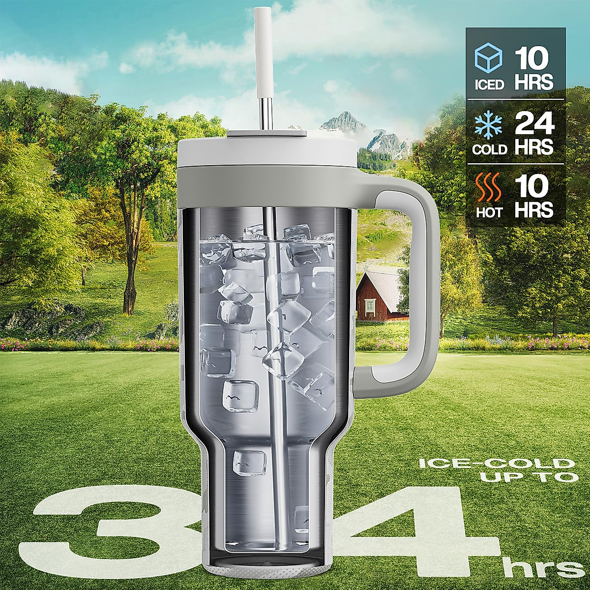 POWCAN 40 oz Camo Tumbler with Handle, 2-in-1 Straw and Sip Lid, Leakproof, Dishwasher Safe, Insulated Stainless Steel Travel Coffee Mug, Keeps Cold for 34 Hours, Car Cup Holder Fit (Clouded Aspen)