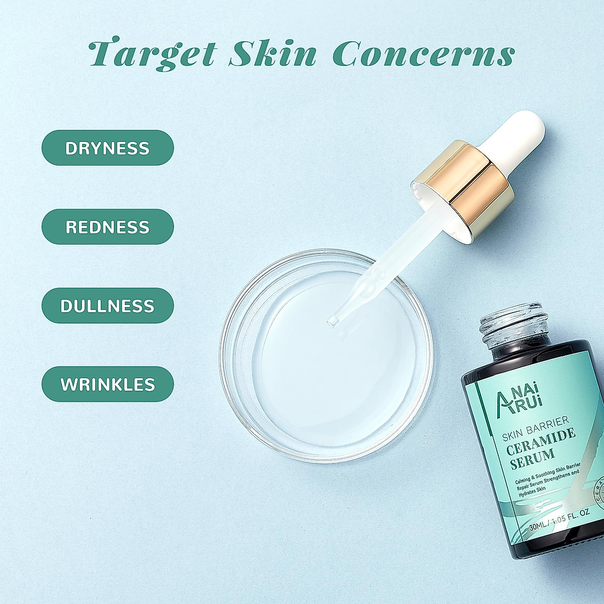 ANAI RUI Ceramide Face Serum, Calming Smooting Serum for face,Skin Barrier Repair Serum with Hyaluronic Acid, Reduces Wrinkles & Repairs Skin, Soothe Redness,Ceramide Moisturizer Serum 1 Fl.oz