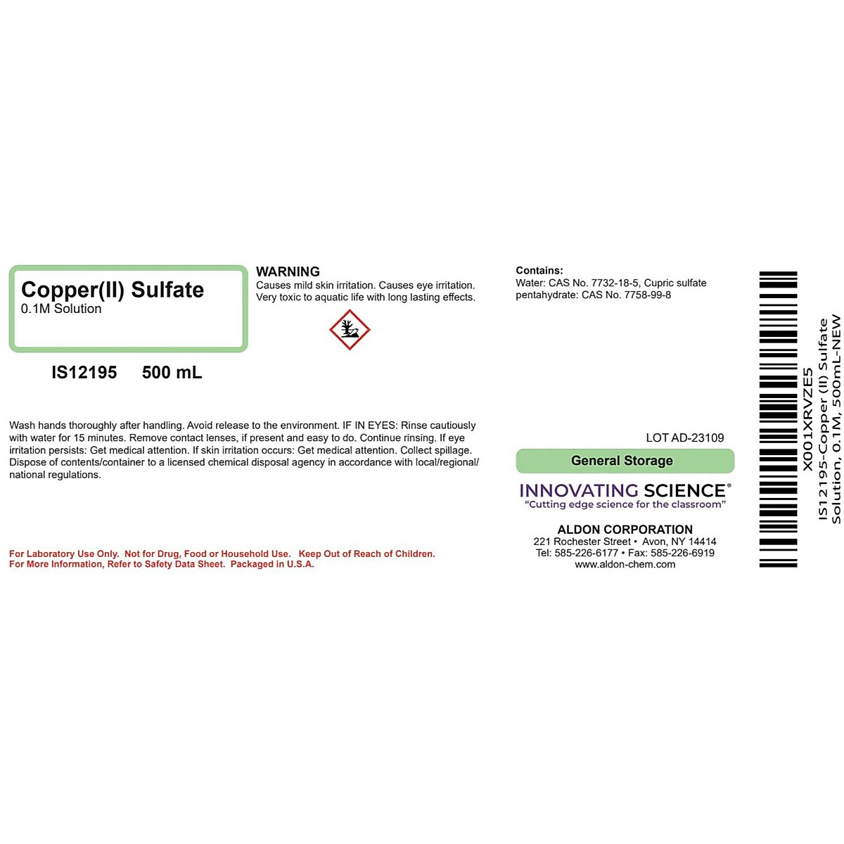 ALDON Innovating Science Copper (II) Sulfate Solution, 0.1M, 500mL - The Curated Chemical Collection