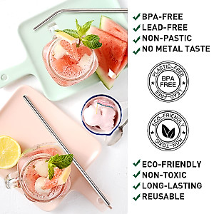 Sefuez 3-pcs 8.4''Reusable Stainless Steel Metal Straws with Cleaning Brush and Carry Bags,Long Drinking Metal Straw for 20 24 30 oz Tumbler,Dishwasher Safe(2 Straight|1 Bent|1 Brush)