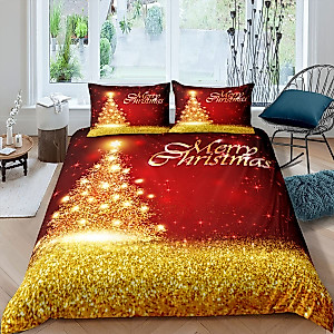 Manfei Christmas Tree Duvet Cover Set Queen Size Gold Sparkle Comforter Cover Merry Christmas Bedding Set 3pcs for Kids Boys Girls Room Decor Western New Year Theme Bedspread Cover with 2 Pillowcases