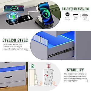 Dystler 7 Drawers Dresser for Bedroom, Large Chest of Drawers with LED Light, Modern Dresser with USB & Type-c Charging Ports, Wood Dresser Organizer for Bedroom, Living Room, Hallway, Grey