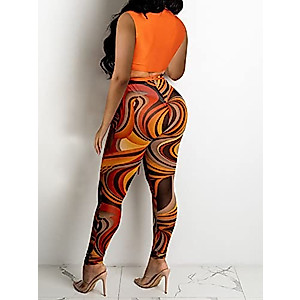 Uni Clau Women Sexy See Through Two Piece Jumpsuits Tie Dye Short Sleeve Bandage Crop Tops Sheer Mesh Skinny Long Pants Club Romper Outfits Orange XL