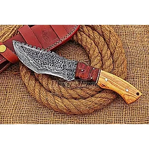 HUNTEX Handmade Exposed Hand-Forged Ladder Pattern Damascus Steel 10 Inch Long Full Tang Oak Wood Handle Razor Sharp Hunting Camping Tracker Knife w/Genuine Leather Pouch