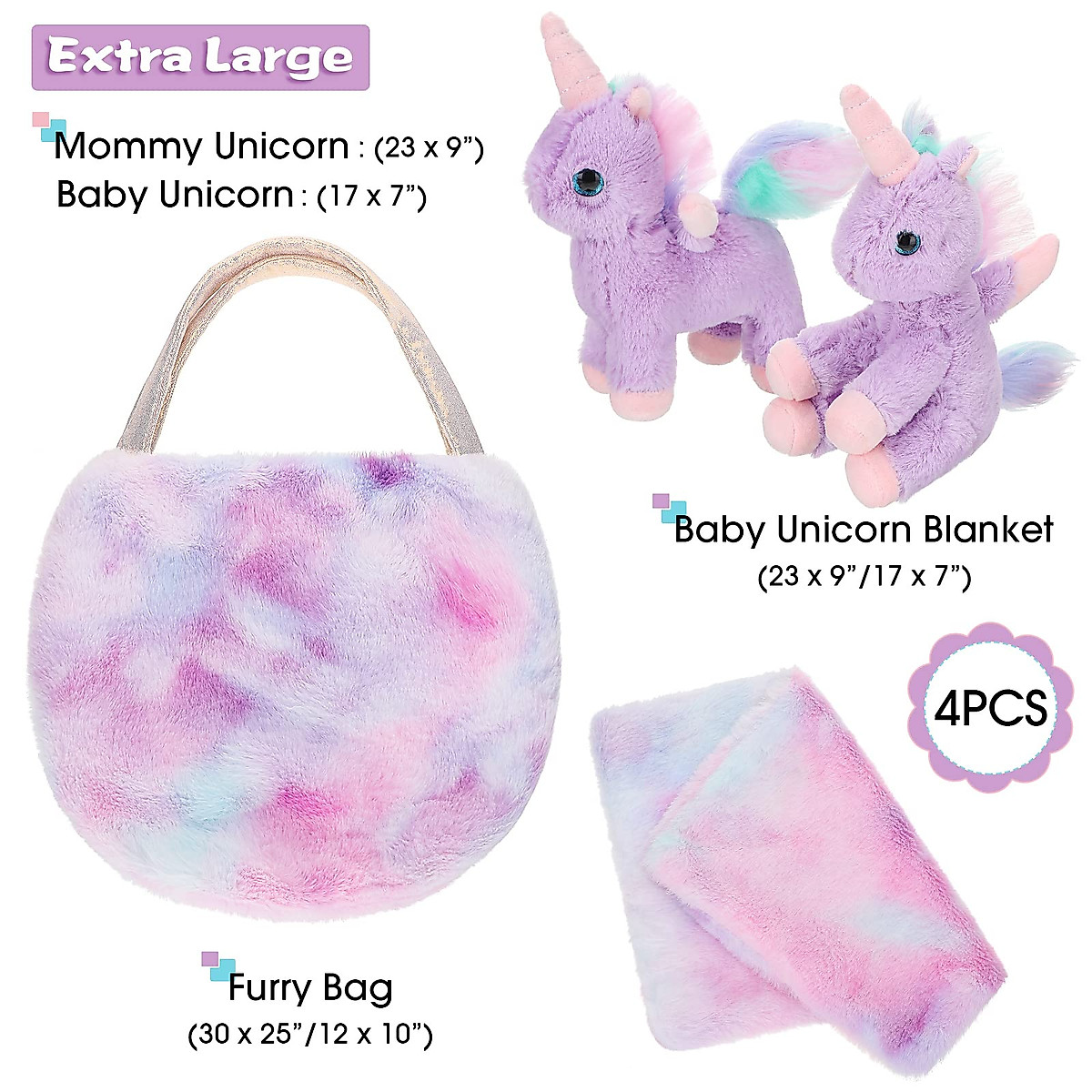 4 Pieces Unicorn Toys for Girls Plush Stuffed Unicorn Toys, XL Furry Bag and Doll Blanket, Adorable Plush Stuffed Animal Toy for Birthday Party Favors (Purple)