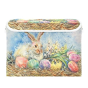 Kigai Storage Basket Watercolor Easter Bunny Storage Boxes with Lids and Handle, Large Storage Cube Bin Collapsible for Shelves Closet Bedroom Living Room, 16.5x12.6x11.8 In