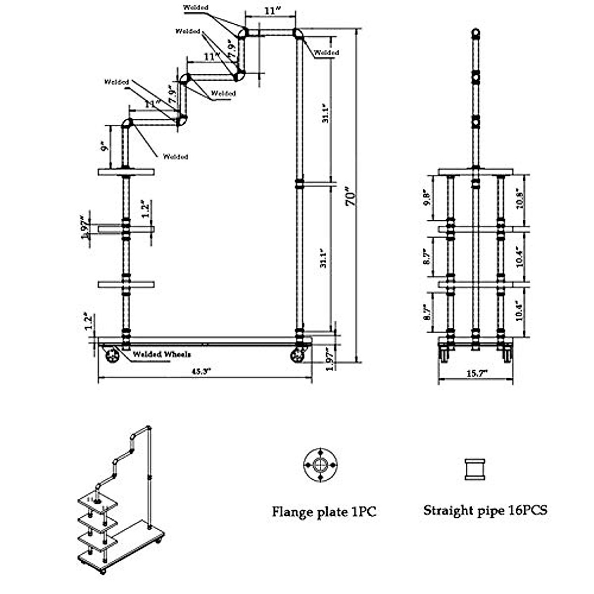 Diwhy Industrial Pipe Clothing Rack 4 Layers Pine Wood Shelving Shoes Rack With Wheels Cloth Hanger Household Shoe Rack Pipe Shelf Garment Racks