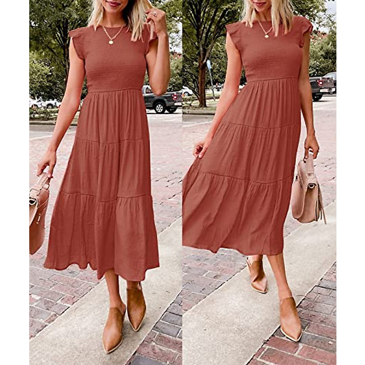 ZCSIA Women's 2023 Summer Casual Ruffle Short Sleeve Crewneck Smocked Tiered A Line Midi Dress,Rust,Small