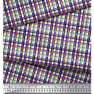 Soimoi Purple Cotton Canvas Fabric Window Pane Check Print Fabric by The Yard 56 Inch Wide