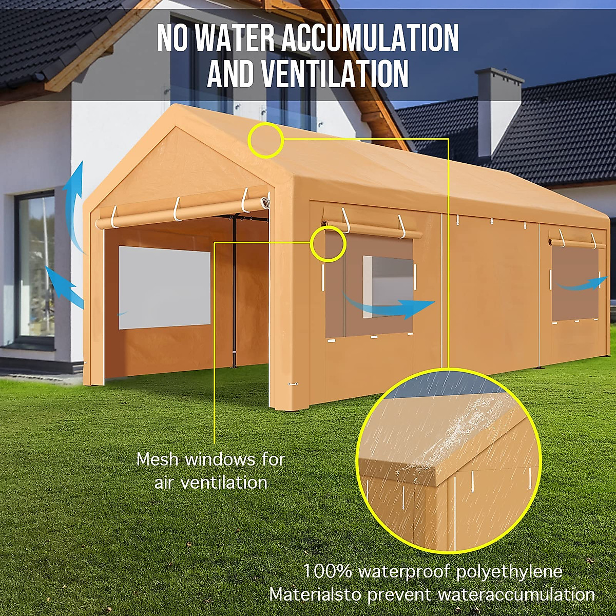 SARORRA Carport, 10'x20' Heavy Duty Carport with Roll-up Ventilated Windows, Portable Garage with Removable Sidewalls & Doors for Car, Truck, Boat, Wedding Party, Outdoor Camping, UV Resistant (Beige)