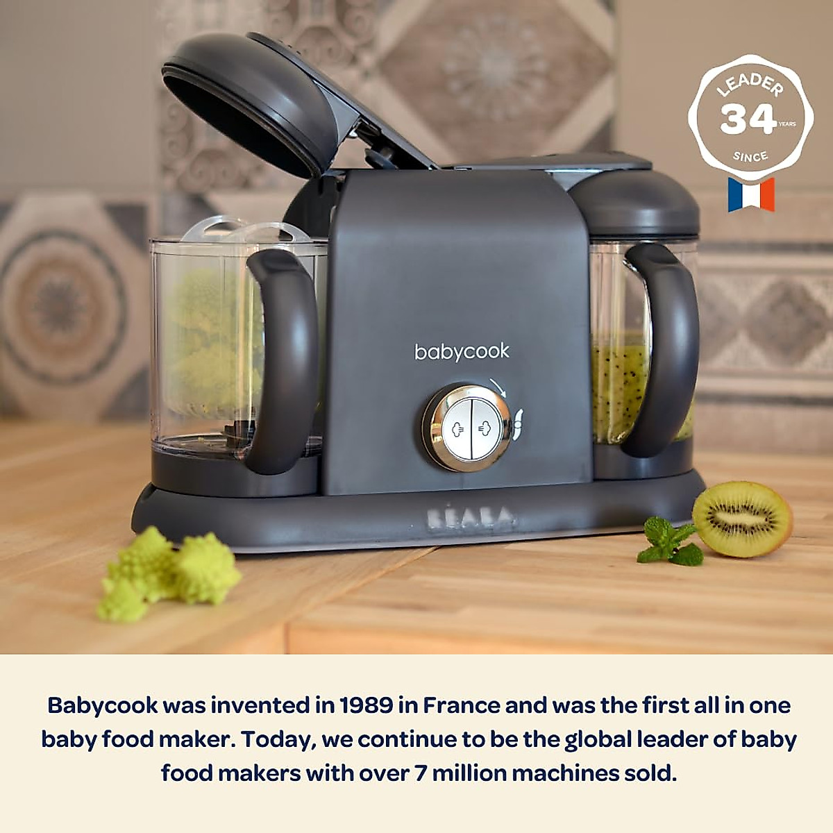 BEABA Babycook Duo 4 in 1 Baby Food Maker, Puree Steamer and Blender for Purees, Grinder with Auto Steam Cooking, Lrg 9.1 Cup Capacity, Makes 54 Servings in 20 Mins, Charcoal