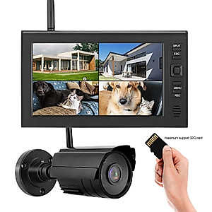 Outdoor Security Camera, Home Security Surveillance Camera, Night Vision, Motion Detection and Remote View with 4CH Surveillance Monitor System Display and TF Card (US Plug)