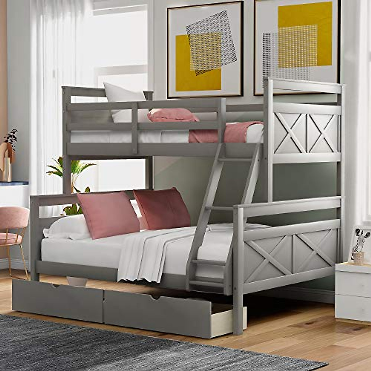GLORHOME Twin Over Full Bunk Bed with 2 Storage Drawers, Solid Wood Bed Frame with Safety Rail and Ladder, Kids/Teens Bedroom, Guest Room Furniture, Can Be Converted into 2 Beds, Grey