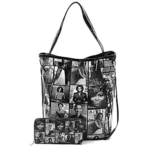 Michelle Obama Magazine Cover Collage Shoulder Bag Wallet Set 2pcs Set (Black/White)