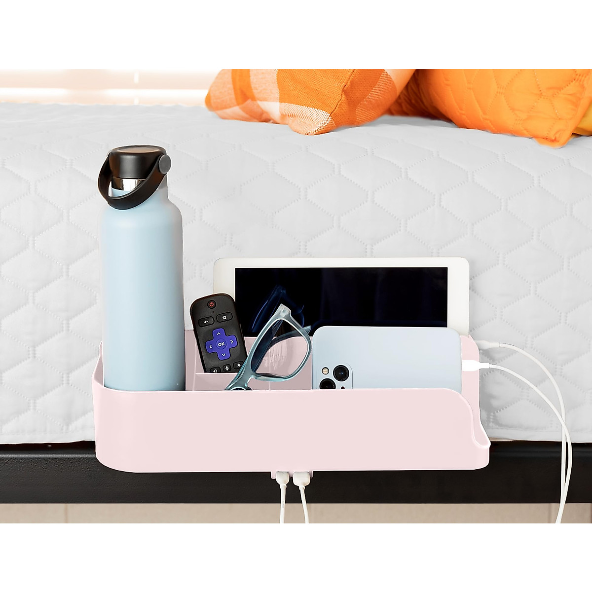 Squirrel-Bedside Perch for College Dorm Room Lofted Bed, Floating Organizer with USB-C & A Charging Ports, Small Spaces, Bed Side Caddy & Nightstand, Device & Bottle Holder, Dorm Essential, Pink