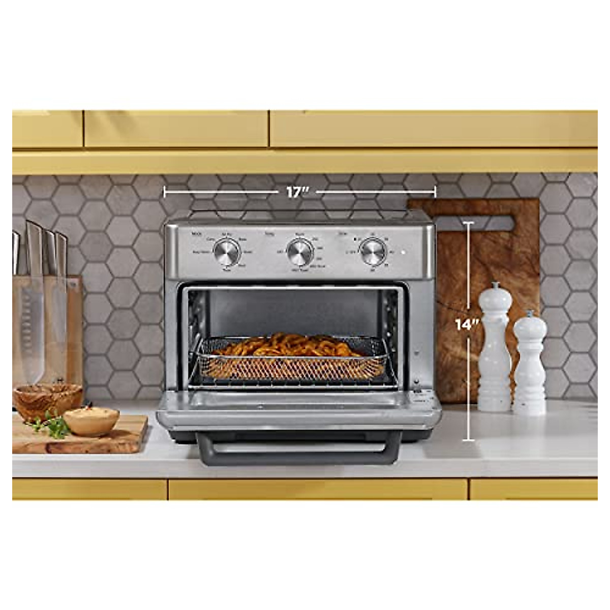 GE Mechanical Air Fryer Toaster Oven + Accessory Set | Convection Toaster with 7 Cook Modes | Large Capacity Oven - Fits 12" Pizza | Countertop Kitchen Essentials | Stainless Steel