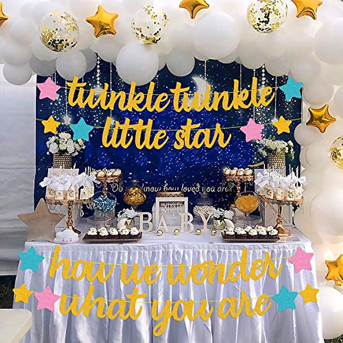 Twinkle Twinkle Little Star How We Wonder What You Are Banner Gender Reveal Decorations He or She Pink Blue Gold Star Baby Shower Party Supplies Glitter Décor Pre-Strung