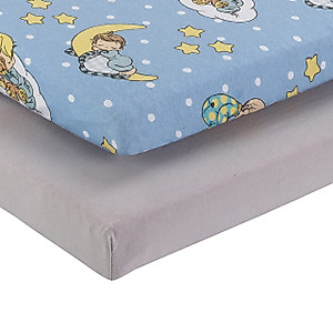 2 Pack n Play Mattress Sheets – 100% Jersey Knit Cotton Soft Portable Crib Mattress Sheet for Boys with Blue and Yellow Precious Moments Design; 2 Pk Playpen Mattress or Mini Crib Fitted Sheet Set