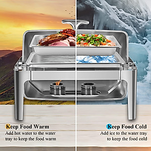 Amhier 9 Qt Chafing Dish Buffet Set with Visible Roll Top, Stainless Steel Buffet Servers and Warmers for Catering, Parties, Hotels and Weddings, 1&2 Pan, Silver