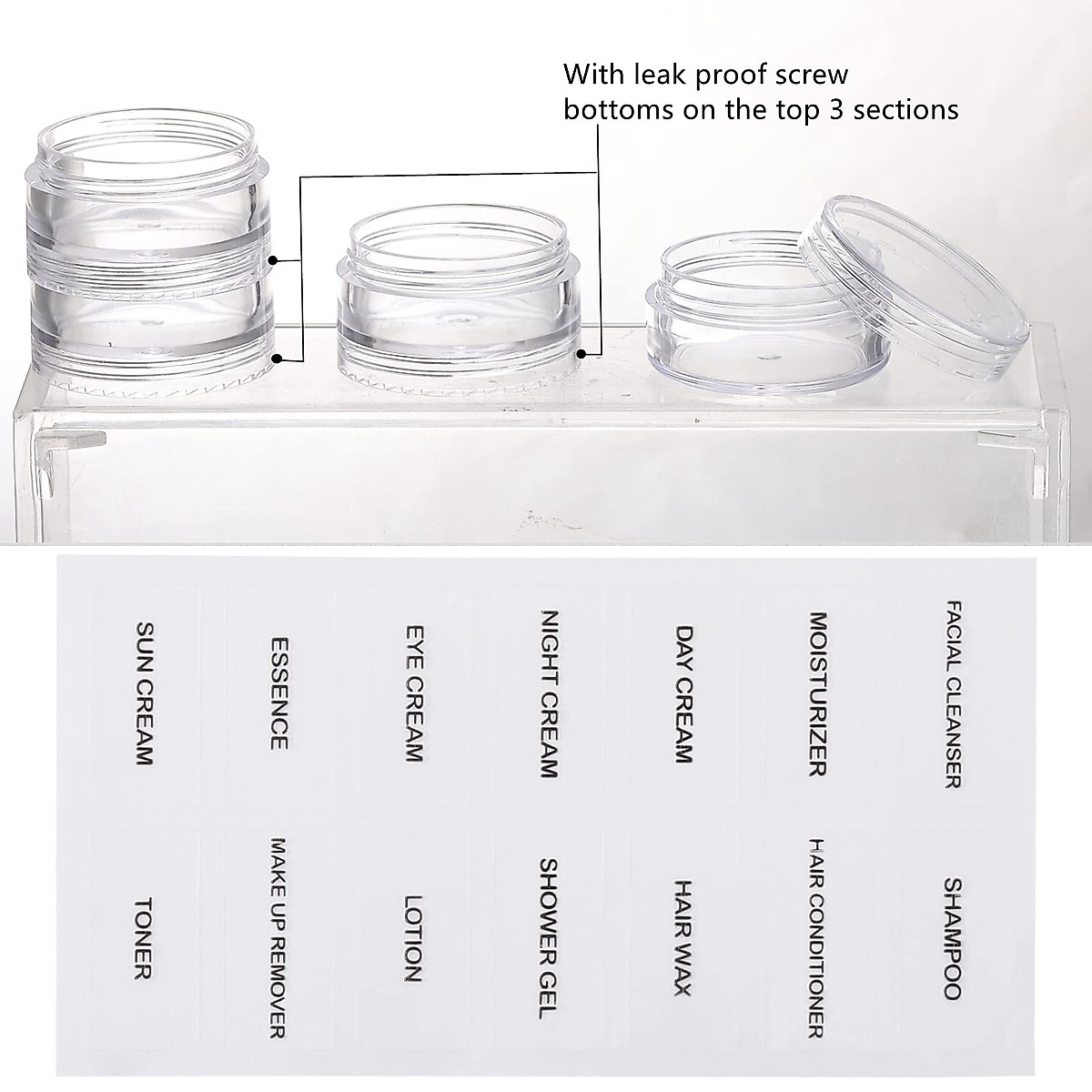 5 Set (20 Pieces) Stackable Cosmetic Containers with Screw Lids and Labels，10 Grams Clear Plastic Empty Jars Small Makeup Sample Containers for Beauty Products