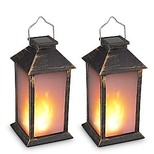 13" Vintage Style Solar Powered Flame Effect (Metallic Coating Black,Plastic),Garden Light Vivid Fire Effect,Outdoor Solar Hanging Lantern,Decorative Candle Lanterns ZKEE (Set of 2)