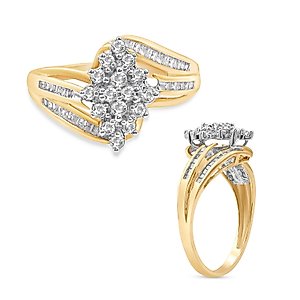 Jewelili 10K Yellow Gold 1/2 CTTW Natural White Round and Baguette Diamond Cluster Ring for Women | Classic Jewelry with Gift Box | Timeless Fashion Jewelry Gift for Her | Size 9