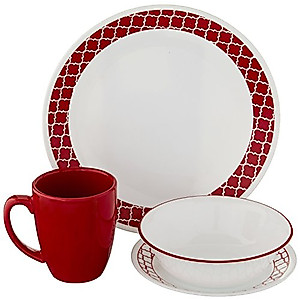 Corelle Crimson Trellis Chip and Break Resistant Dinner Set, Glass, Red, Set of 16, 29 x 29 x 14.5 cm