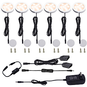 AIBOO Under Cabinet LED Puck Lights Kit with Touching Switch Dimmable for Kitchen Cupboard Closet Lighting (6 Lights,Warm White)