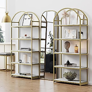 Nathan James Haven Etagere Bookshelf, 5-Shelf Faux Marble Bookcase in White Faux Marble Finish and Gold Metal Frame with Arch Top and Open Shelves, White/Gold, Set of 2