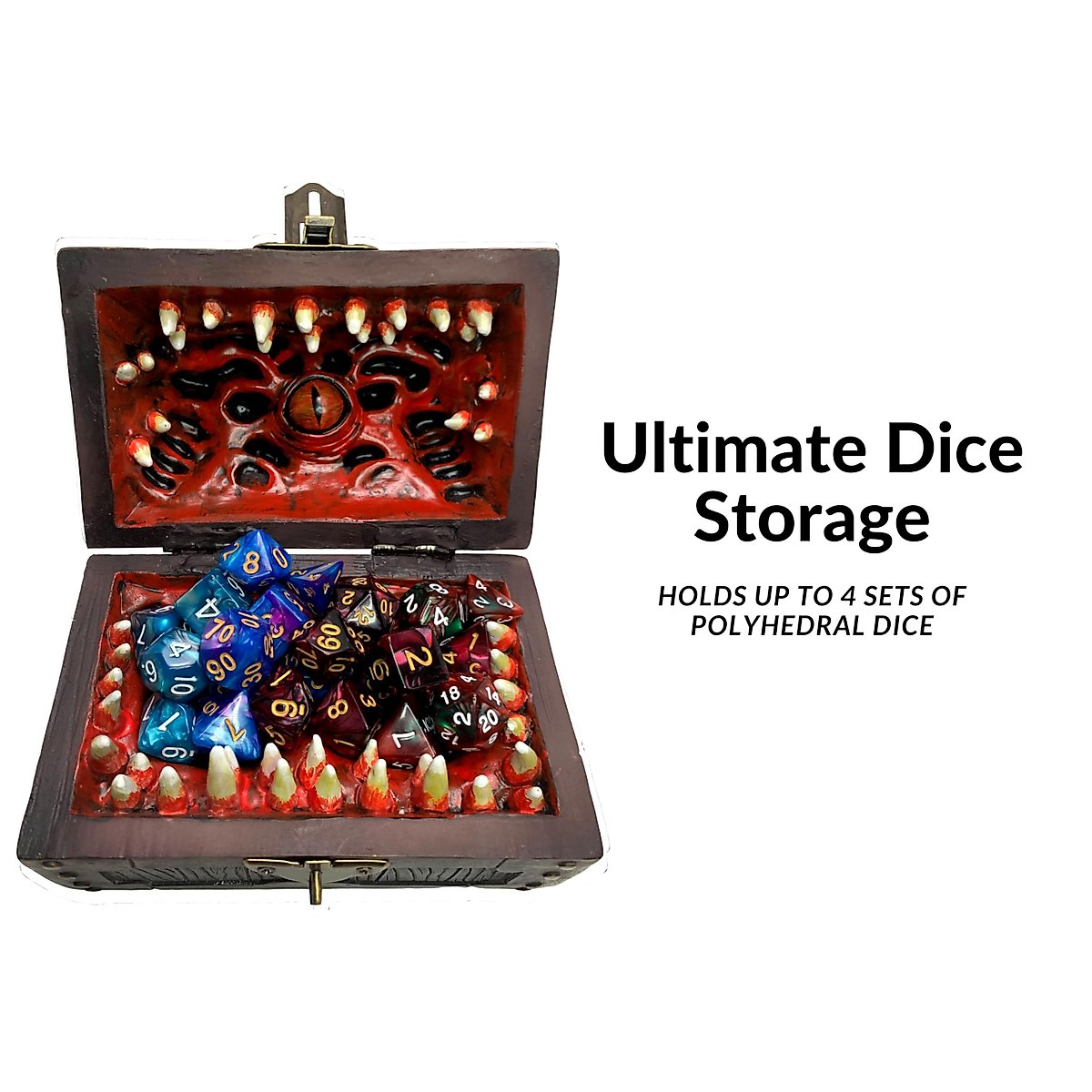 Galdor's Guild Mimic Dice Chest Storage Box | Free Lock & Key | Compatible with Dungeons & Dragons Players, Dungeon Master/DM RPG Gaming | Holder Vault Case | Holds 4 Sets of Polyhedral Dice (Regular)