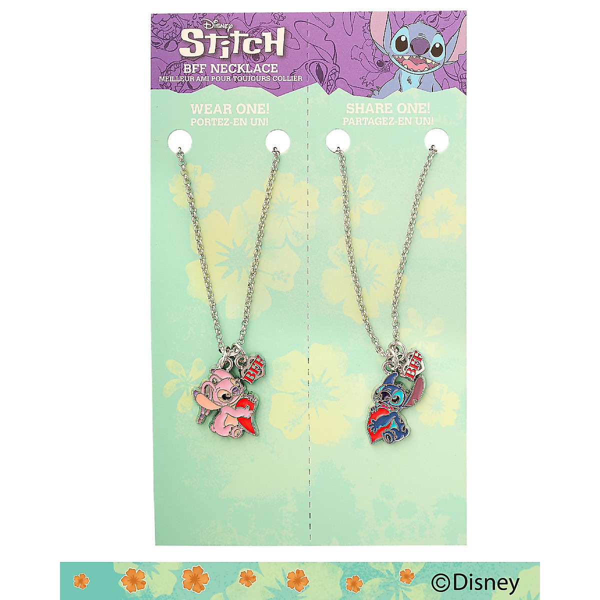 Disney Lilo & Stitch BFF Necklace Set of 2 16"+3" Official License, Best Friends Necklaces with Angel & Stitch Pendant