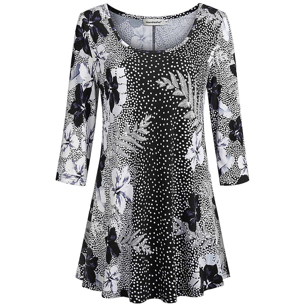 Nandashe 3/4 Sleeve Shirts for Shorts Black Polka Dot Hippie Three-quarter Sleeve Spandex Cool Flattering Dressing Tunic Pullover Blouses Home Wear White x-large