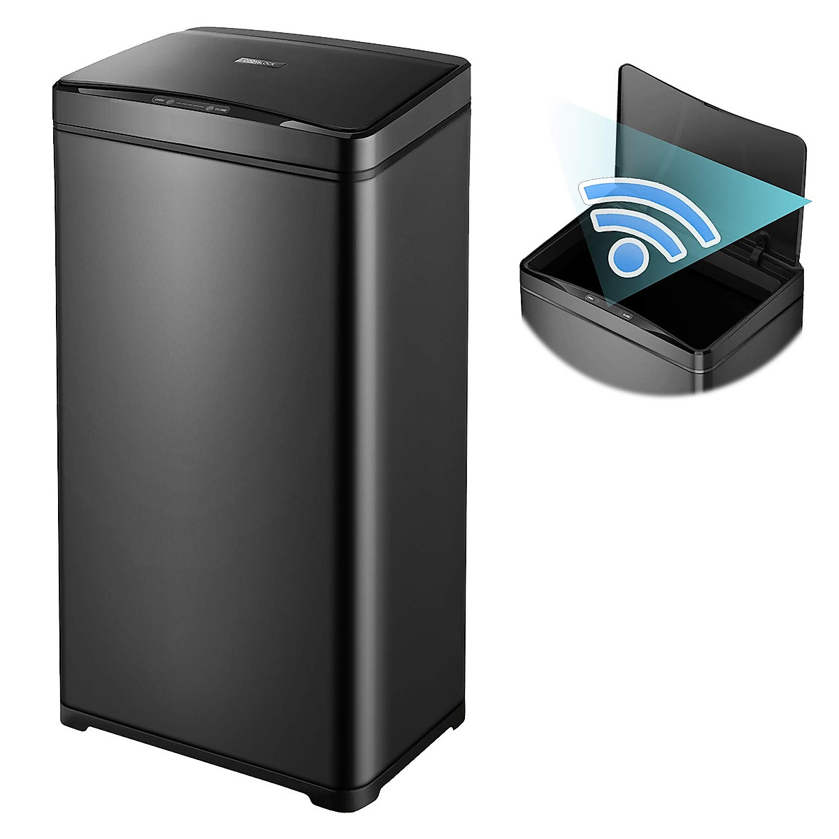 CozyBlock Automatic Trash Can for Kitchen, Black Steel Touchless Motion Sensor Bin, Wide Opening Soft Close Lid, LED Countdown Timer (13 Gallon)