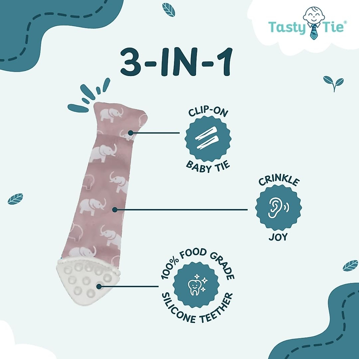 Tasty Tie Teething Tie, 3-in-1 Clip-on Baby Tie, Crinkle Toy & Silicone Teether for 3-6-9-12-18 Month Babies, Unique Baby Boy Gift or Stocking Stuffer, Elephant Style
