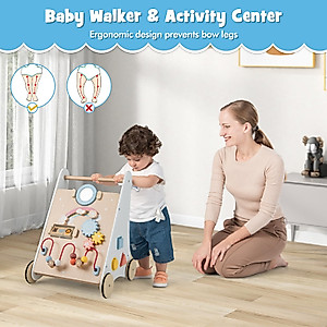 BABY JOY Wooden Baby Walker, Push and Pull Sit-to-Stand Learning Walker Activity Center, Toddler Montessori Educational Toy, Develops Motor Skills & Stimulates Creativity, Push Walker for Boys Girls