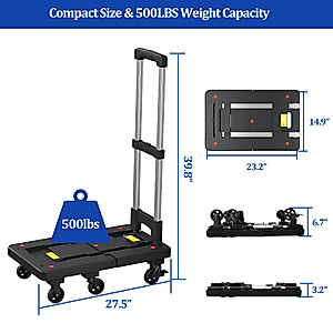 Klonvs Folding Hand Truck Dolly, 650 LBS Portable Shopping Carts with 6 Foldable Rotary Wheels (2 Brake Wheels) & 2 Elastic Ropes, Utility Cart Heavy Duty for Travel, Moving, Airport, Office Use