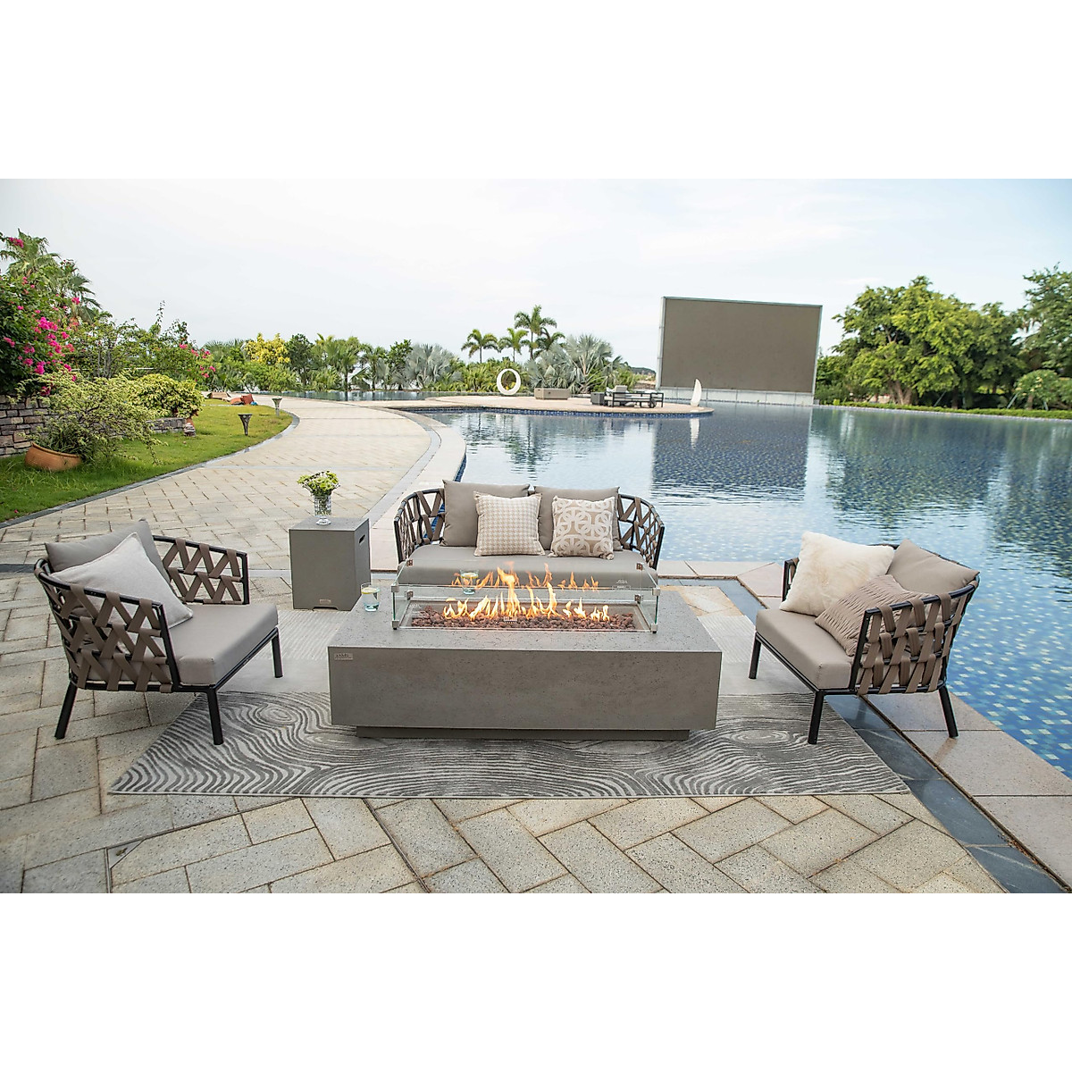 AMS Fireplace | Bundle for Madison 60"x32" Rectangular Concrete Natural Gas Fire Pit Table | Light Gray | Travertine (coarse) Texture Surface | Outdoor Patio Heater Electronic Ignition Fireplace