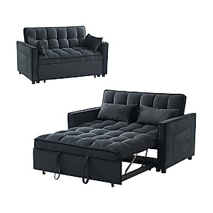 ECHINGLE Sleeper Sofa Bed, 3-in-1 Velvet Pull Out Couch with Armrests, Storage Pockets and 2 Pillows, Adjustable Backrest, Sofa Bed Couch for Living Room, Bedroom(Black)