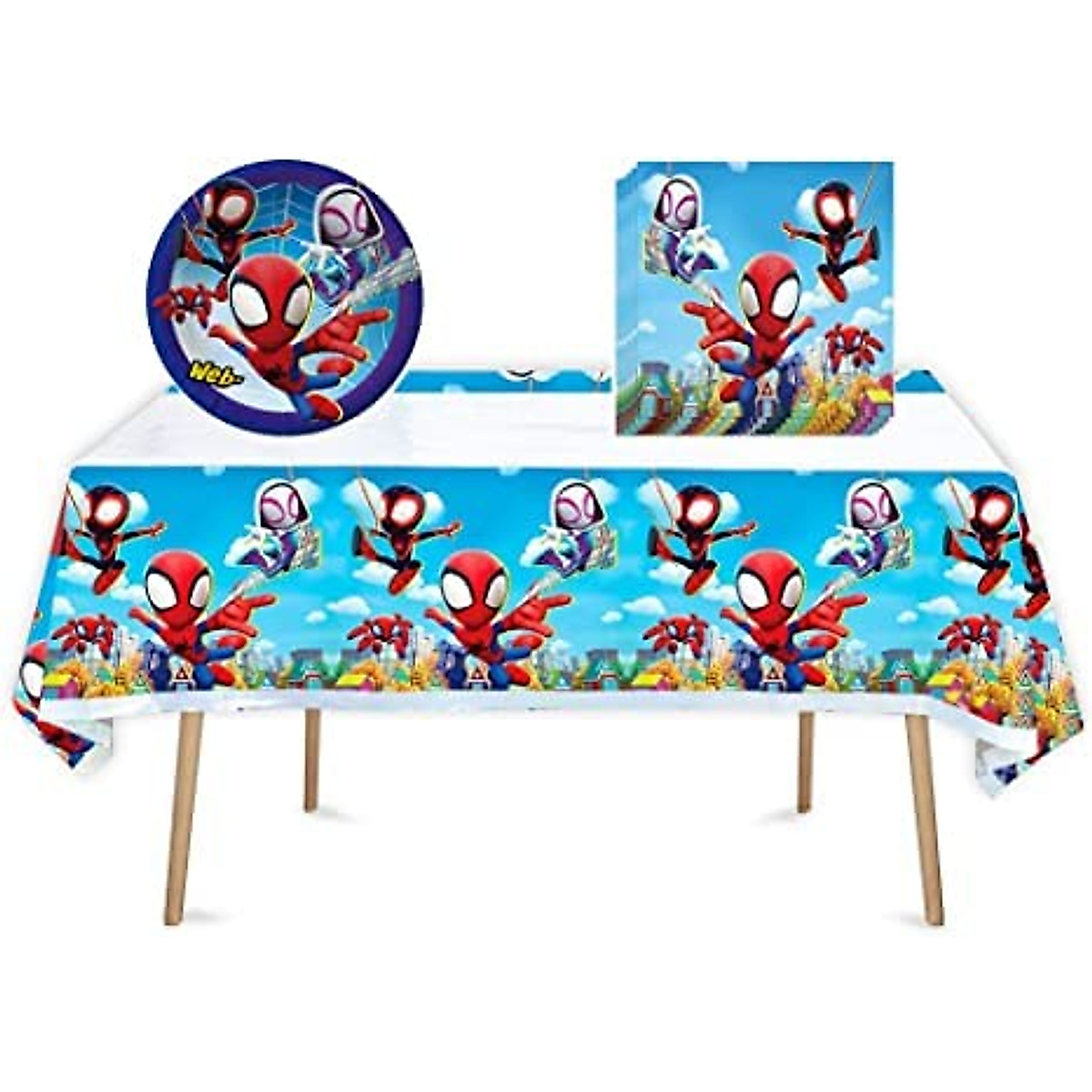 Spidey and His Amazing Friends Birthday Party Supplies Decorations Set with Tablecloth,Plates,Napkins, Banner, Balloons, Hanging Swirls, Cake Cupcake Toppers for Boys Girls Spidey-Theme Party