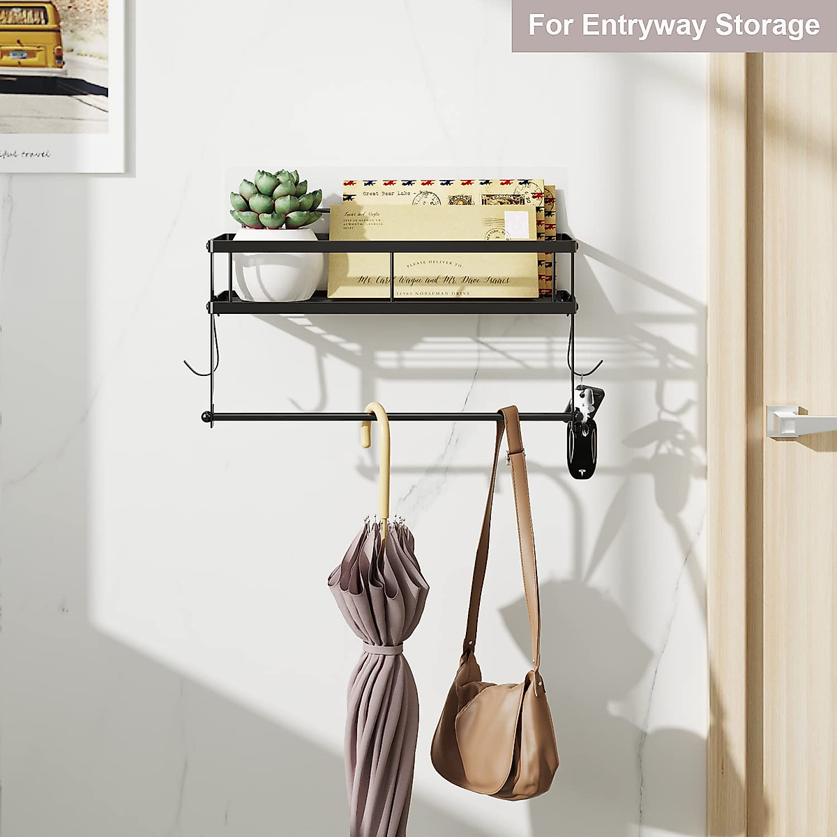 ESOW Paper Towel Holder with Shelf Storage, Adhesive Wall Mount 2-in-1 Basket Organizer for Kitchen & Bathroom, Durable Metal Wire Design, Stainless Steel 304 Matte Black Finish