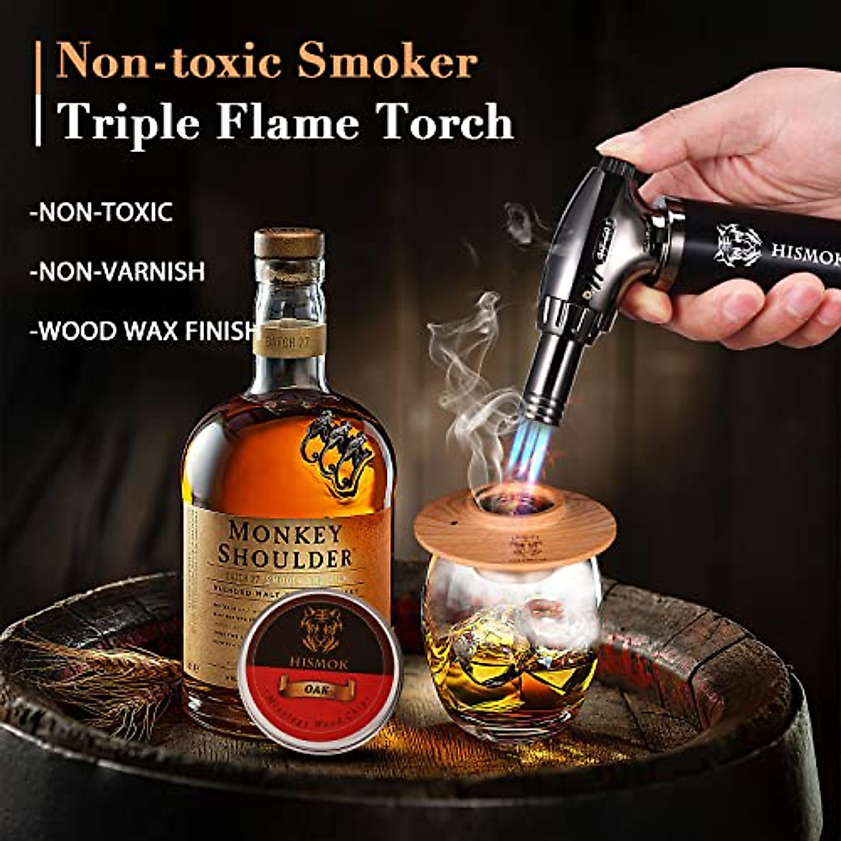 Cocktail Smoker Kit with Torch by HISMOK - 22 PCS Bourbon Whiskey Smoker Kit with 6 Wood Chips & 4 Marble ICES,Old Fashioned Cocktail Kit Birthday/Valentines Day Gifts for Him/Dad/Husband(No Butane)
