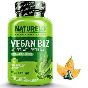 NATURELO Vegan B12 - Methyl B12 with Organic Spirulina - High Potency Vitamin B12 1000 mcg Methylcobalamin - Supports Healthy Mood, Energy, Heart & Eye Health - 90 Capsules