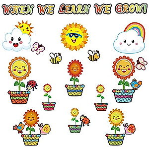 34 Pieces Spring Sunflower Classroom Bulletin Board Set Springtime Blooms Flowers Cutouts Colorful Butterfly Bee Bird Sun Clouds Cutouts When We Learn We Grow Bulletin Board Decor