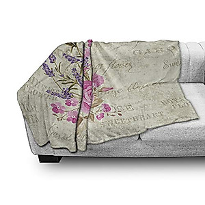 Lunarable Lavender Throw Blanket, Postal Stamps and Postmarks Grungy Backdrop Romantic Bridal Corsage, Flannel Fleece Accent Piece Soft Couch Cover for Adults, 50" x 70", Pale Pink Lavender Tan