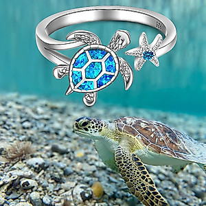 Fenthring Opal Ring Sea Turtle Rings Blue Opal Sterling Silver Adjustable Turtle Jewelry Starfish Good Luck Longevity Gifts Size 8