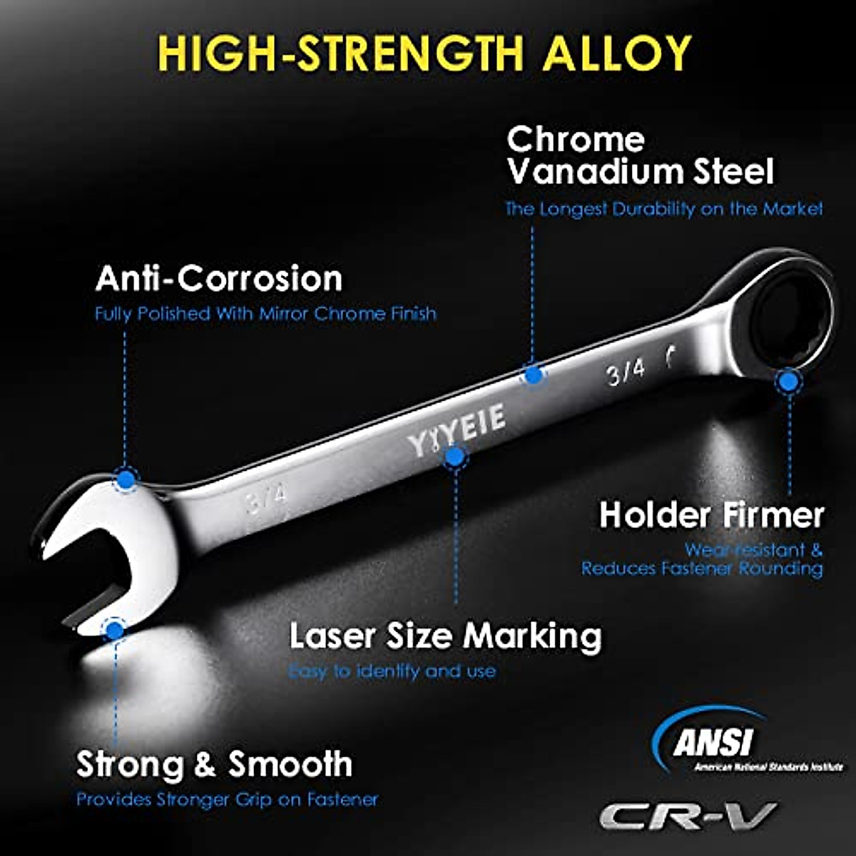 YIYEIE 8 Pc. Ratcheting Wrench Set, SAE 5/16, 3/8, 7/16, 1/2, 9/16, 5/8, 11/16, 3/4 Inch, 72 Tooth, CR-V Steel, Standard Combination Ratchet Wrench Set
